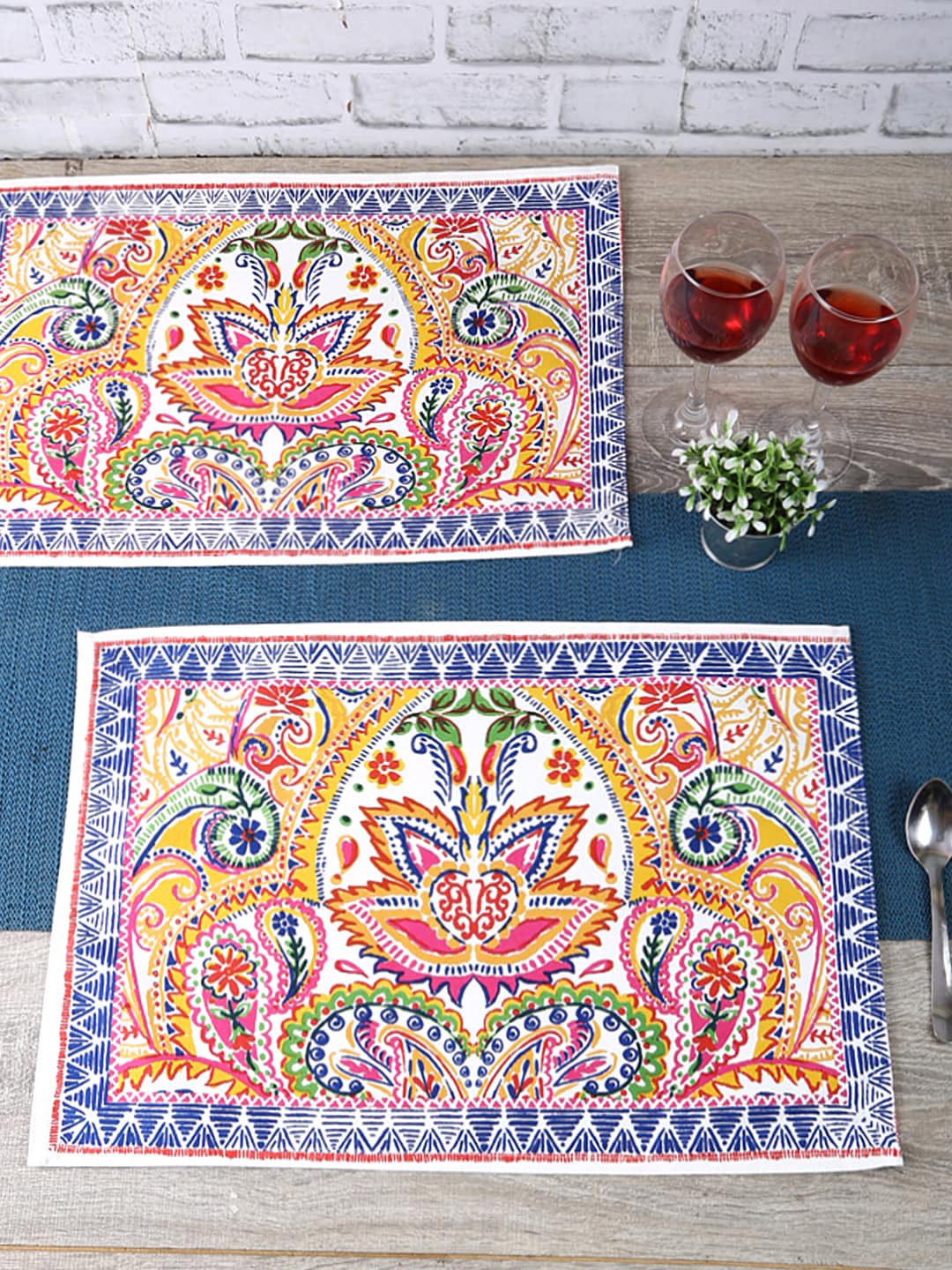 Buy HOME AFFAIRS Set Of 6 Blue & Yellow Ethnic Motifs Cotton Table ...