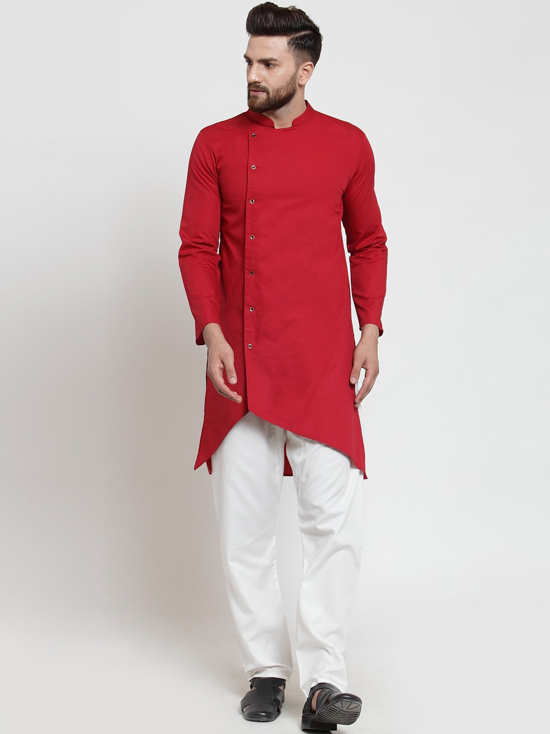 Buy Purple State Men Red Solid Asymmetric Hemline Straight Pathani ...