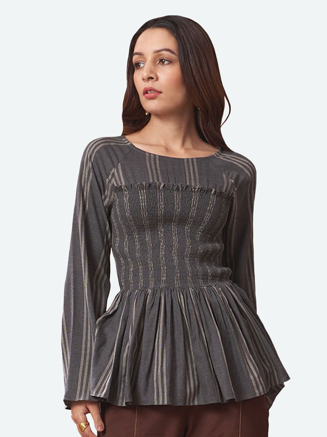 Buy DEEBACO Women Grey Vertical Striped Smoked Peplum Top - Tops for ...