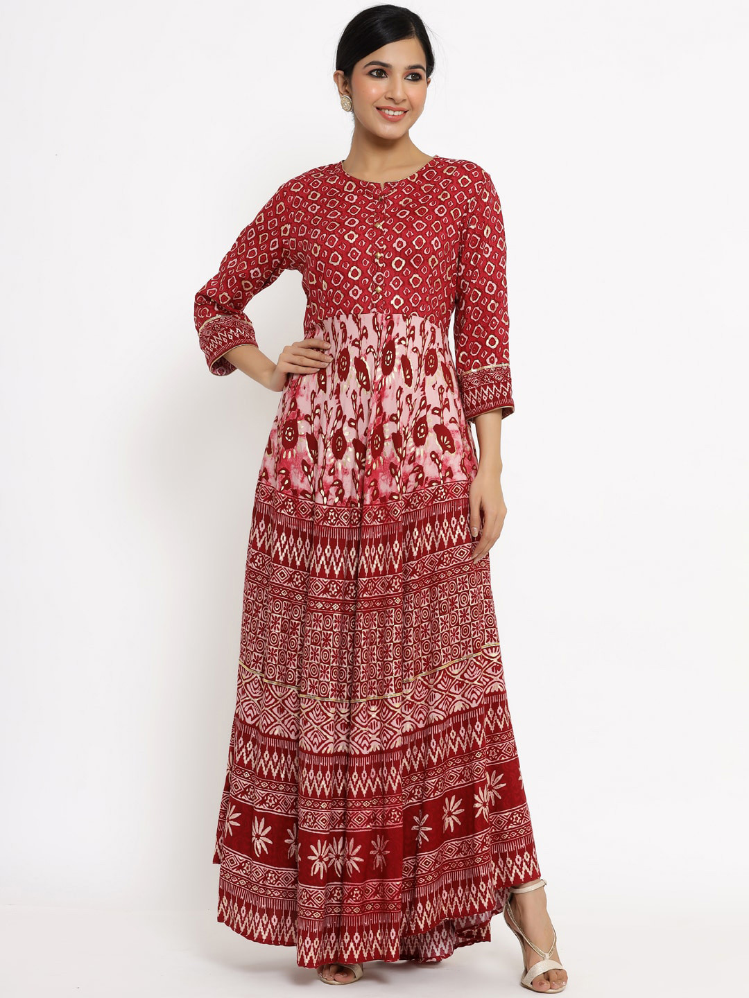 Buy Juniper Maroon Ethnic Motifs Liva Maxi Dress - Ethnic Dresses for ...