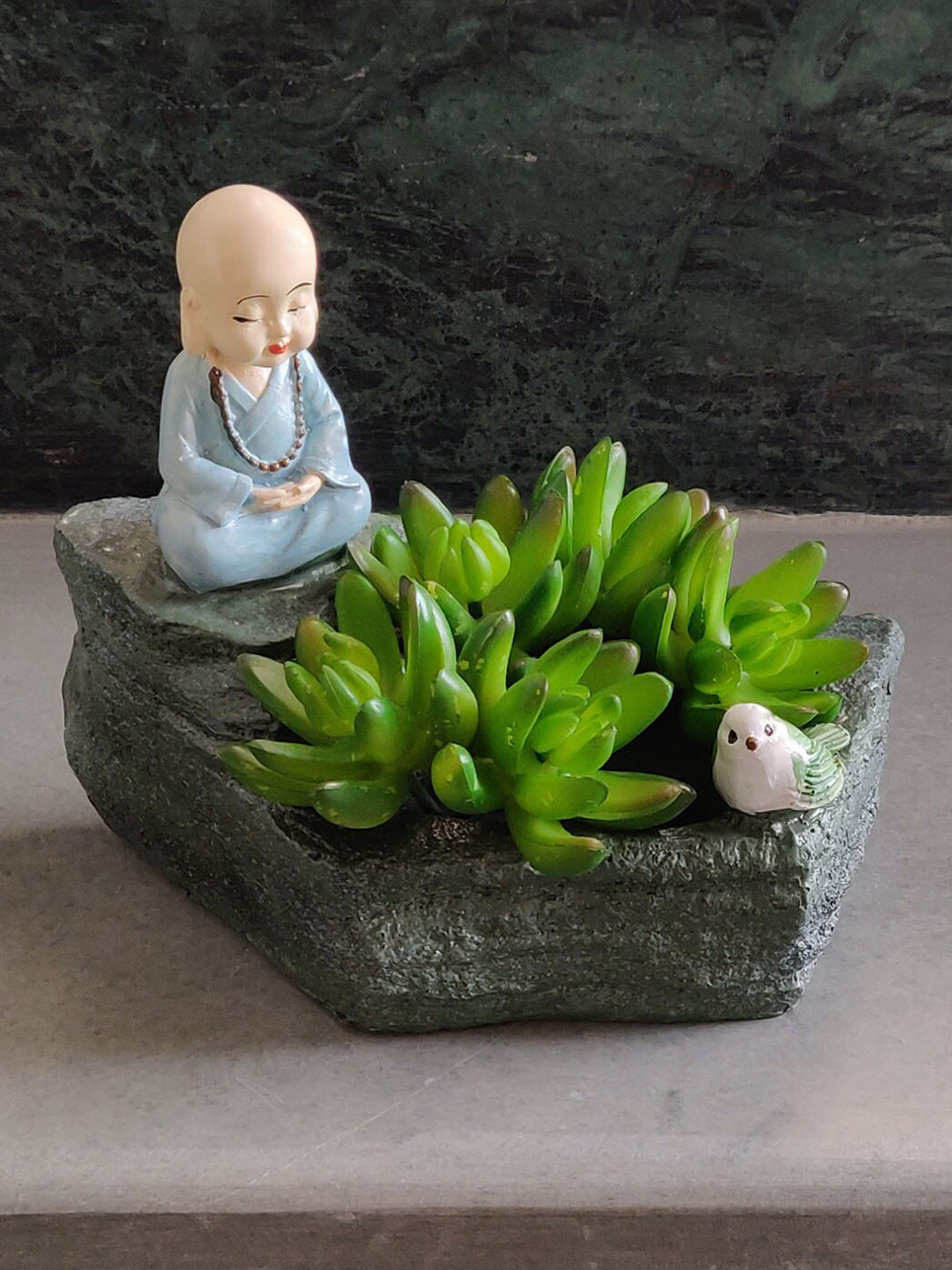 Buy Wonderland Grey & Blue Monk Sitting With Bird Resin Planter ...