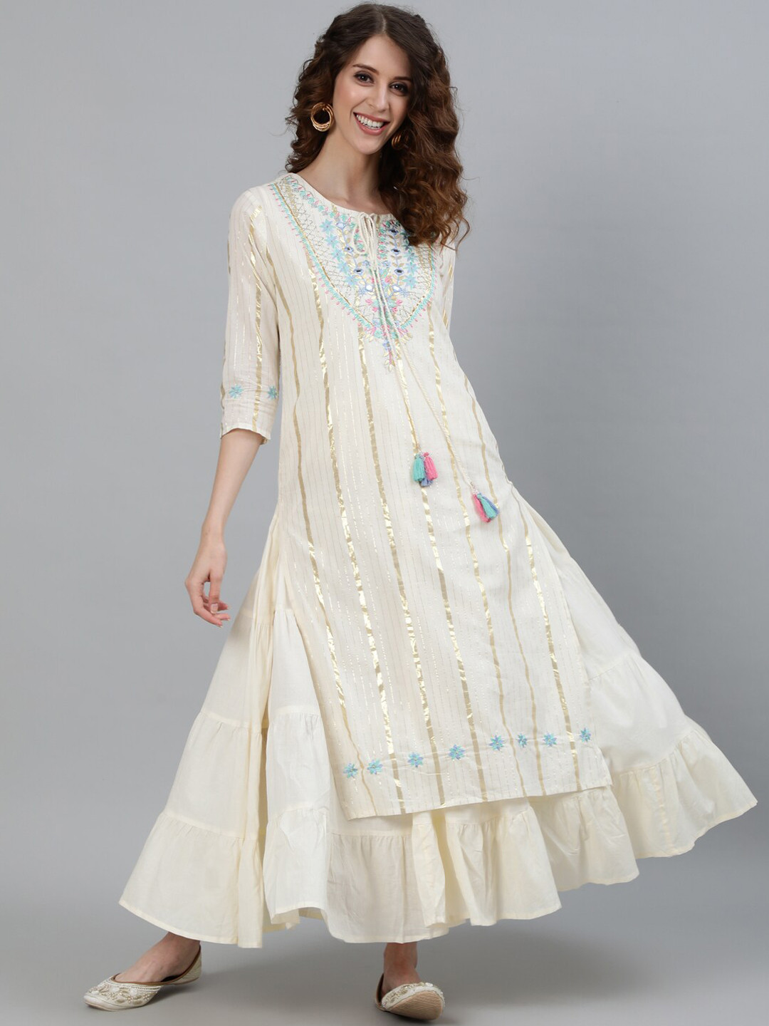 Buy Ishin Women Off White Embroidered Layered Kurta - Kurtas for Women ...