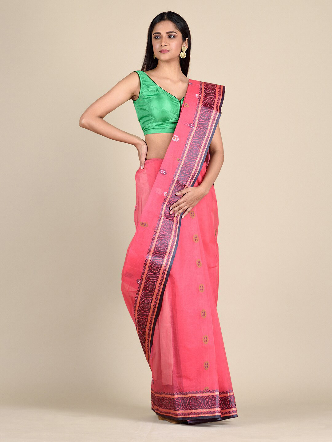 Buy Mitera Coral Ethnic Motifs Pure Cotton Taant Saree - Sarees for ...