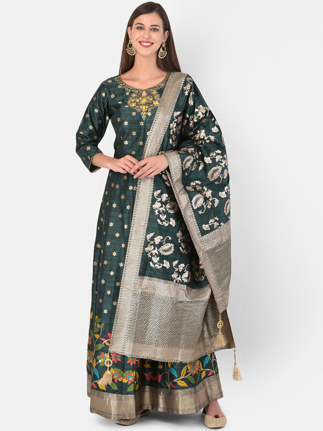 Buy Neerus Women Green Ethnic Motifs Printed High Slit Kurti With Skirt ...