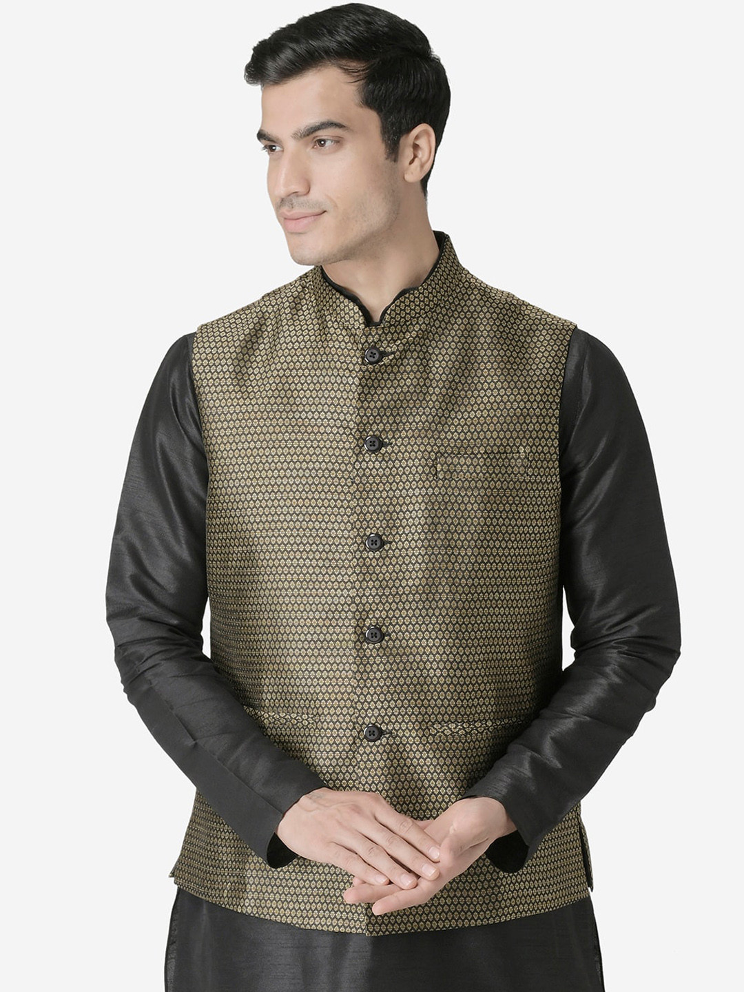 Buy TABARD Men Black & Beige Woven Design Nehru Jacket - Nehru Jackets ...
