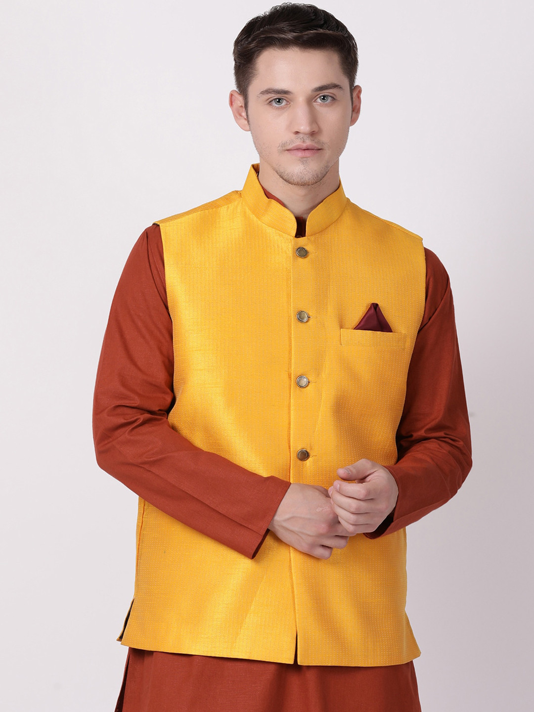 Buy TABARD Men Yellow Woven Design Nehru Jacket - Nehru Jackets for Men ...