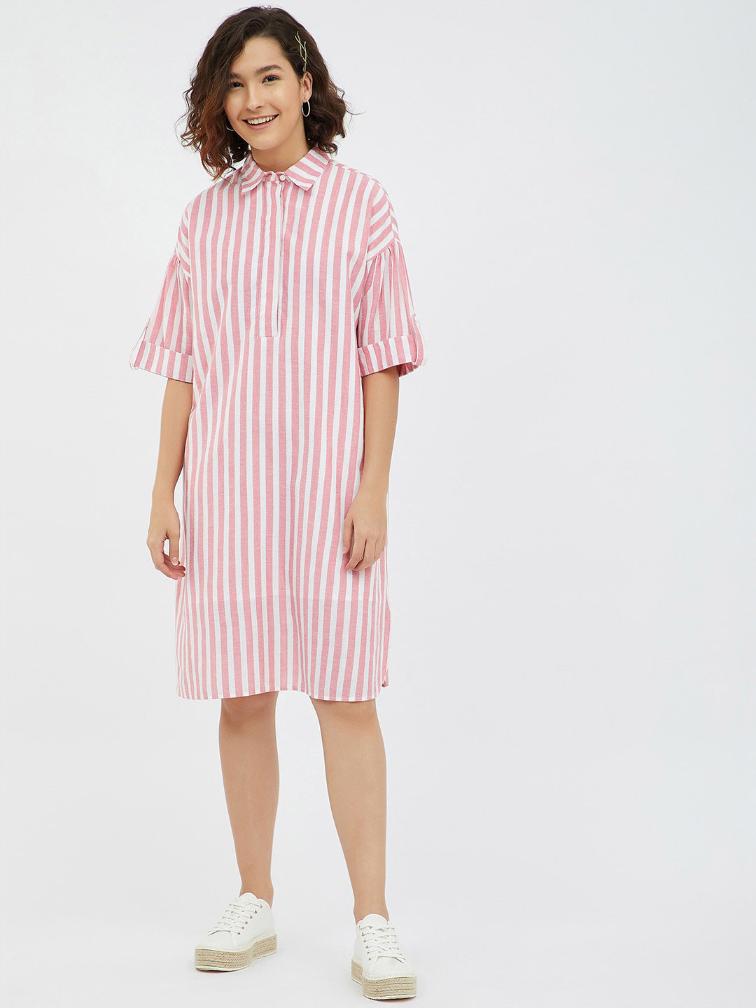 Buy Femella Coral Pink & White Striped Shirt Dress - Dresses for Women ...