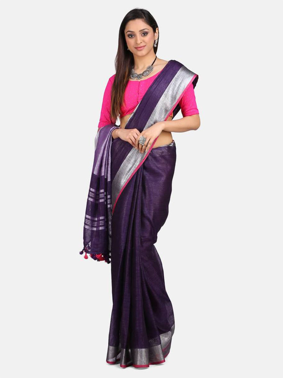 Buy Mirraw Blue Zari Linen Blend Saree - Sarees for Women 14666212 | Myntra
