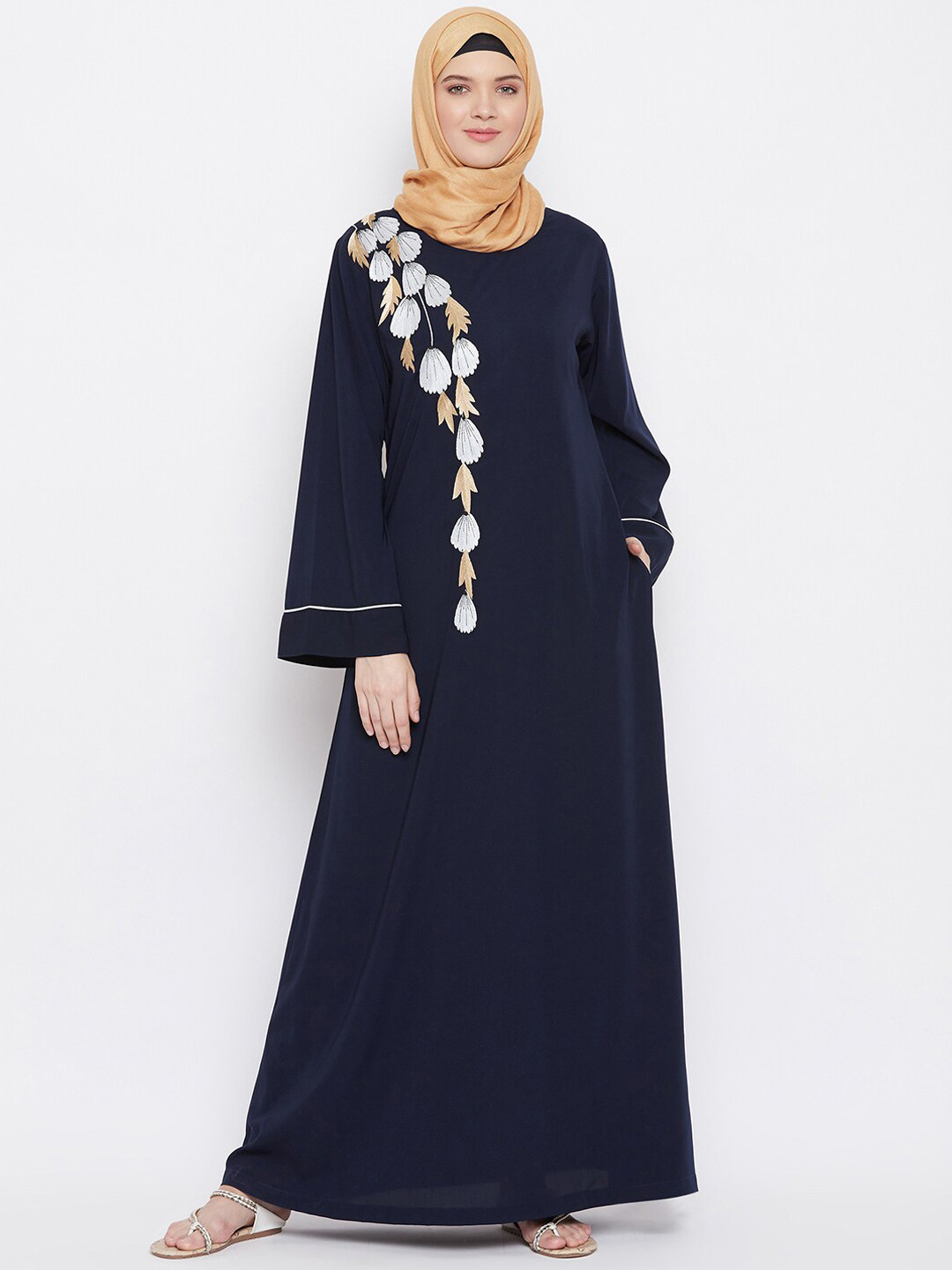 Buy MOMIN LIBAS Women Navy Blue Polyester Embroidered Abaya Burqa ...