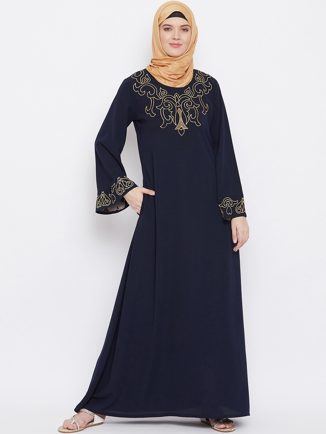Buy MOMIN LIBAS Women Navy Blue Embroidered Abaya - Burqas for Women ...