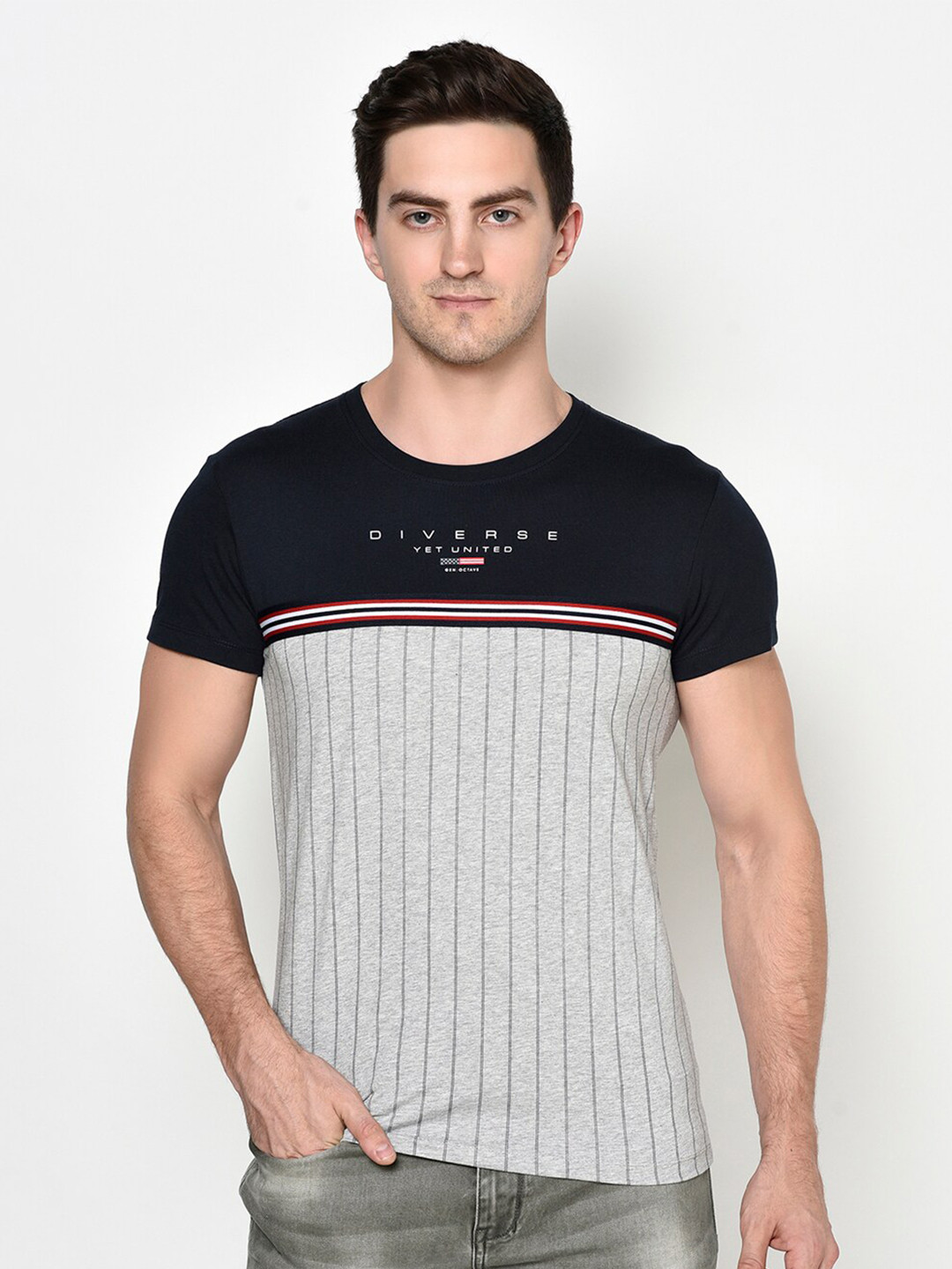 Buy Octave Men Navy Blue & Grey Colourblocked T Shirt - Tshirts for Men ...