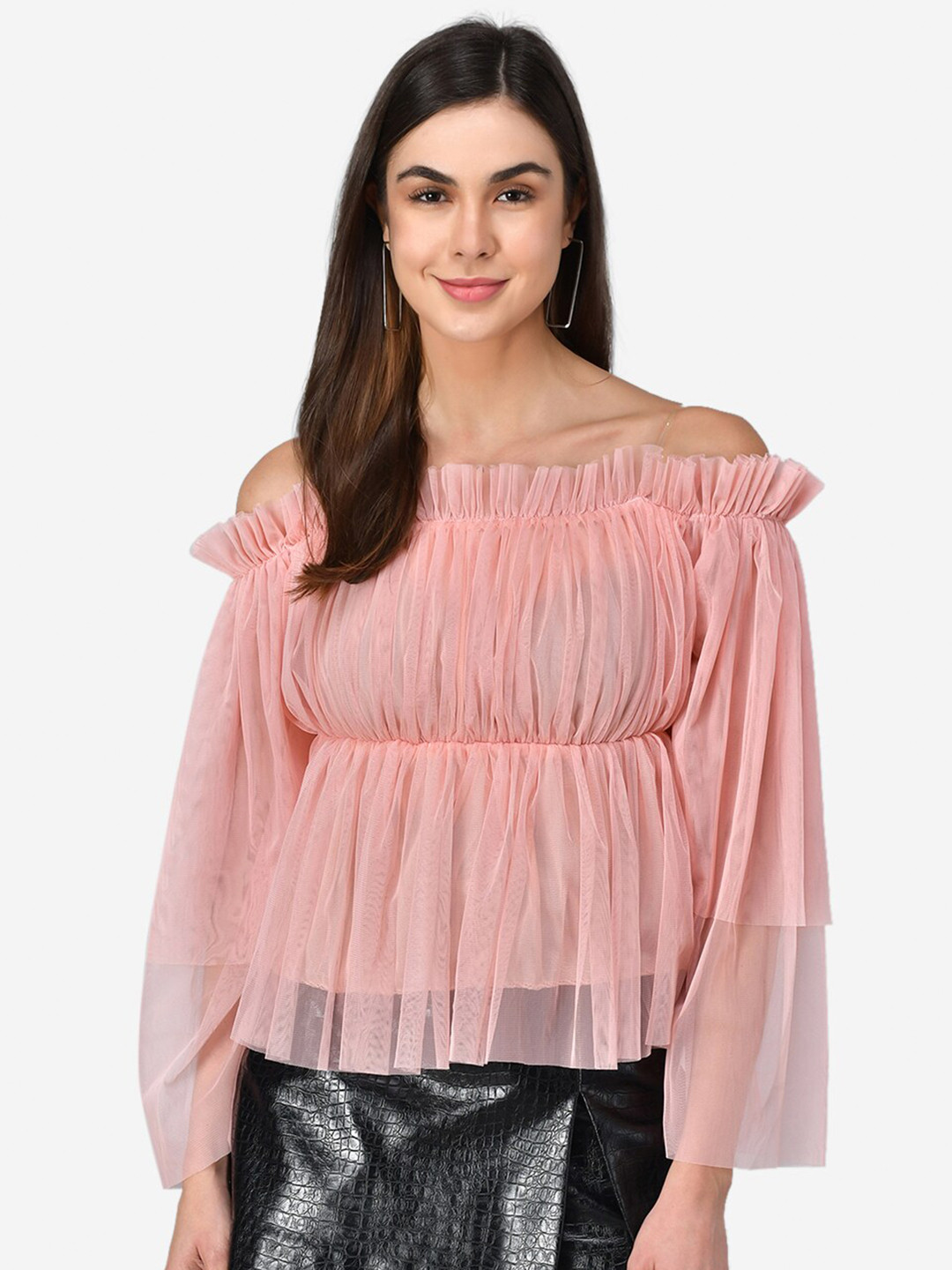 Buy Darzi Pink Striped Off Shoulder Net Bardot Top - Tops for Women ...