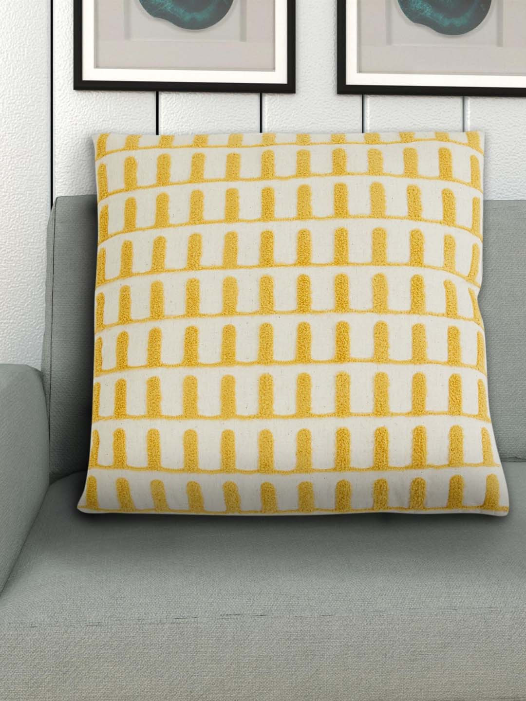 Buy Home Centre Yellow & White Textured Cotton Square Cushion ...