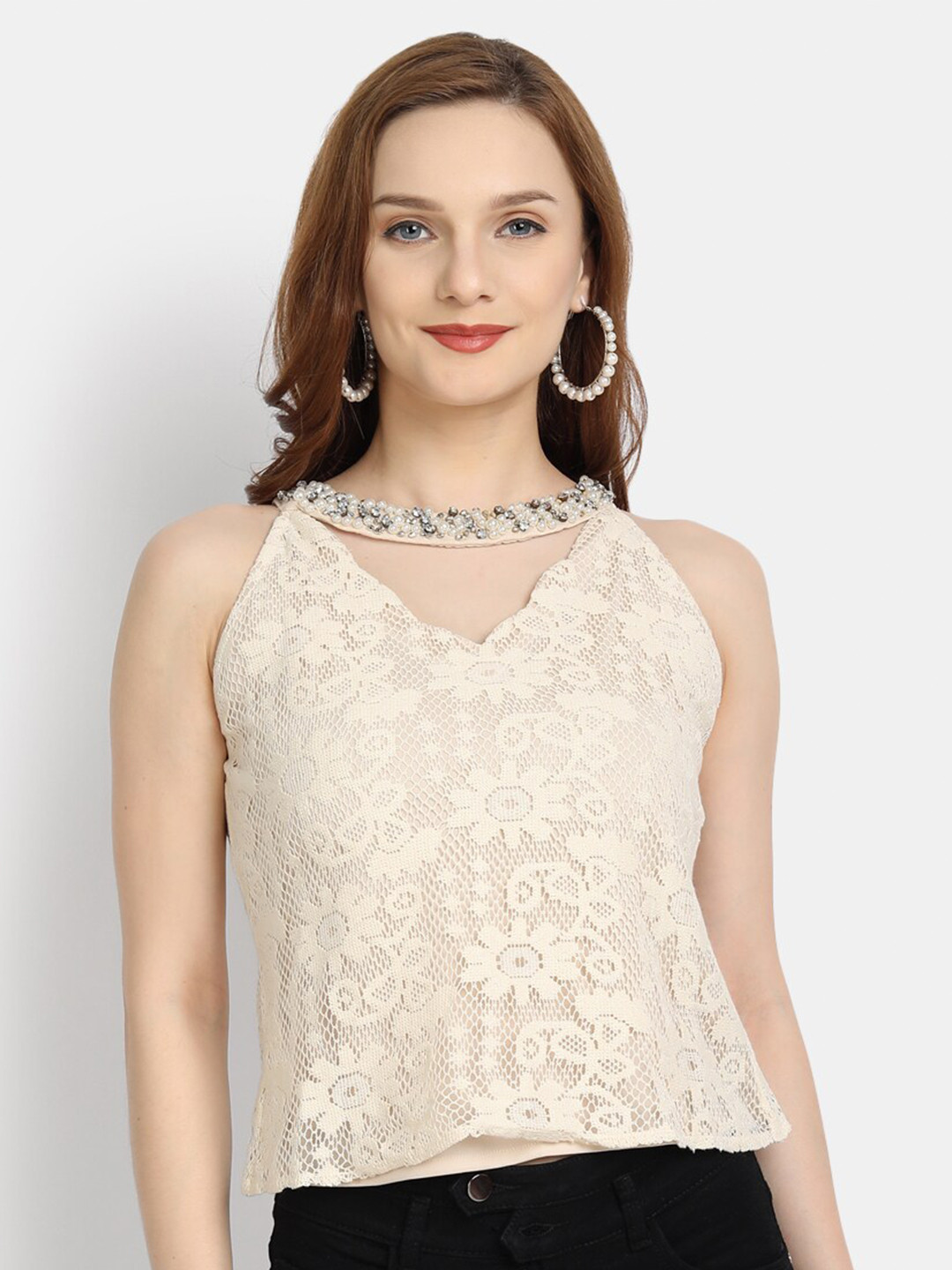 Buy LY2 Women Beige Lace Halter Embellished Neck Top - Tops for Women ...