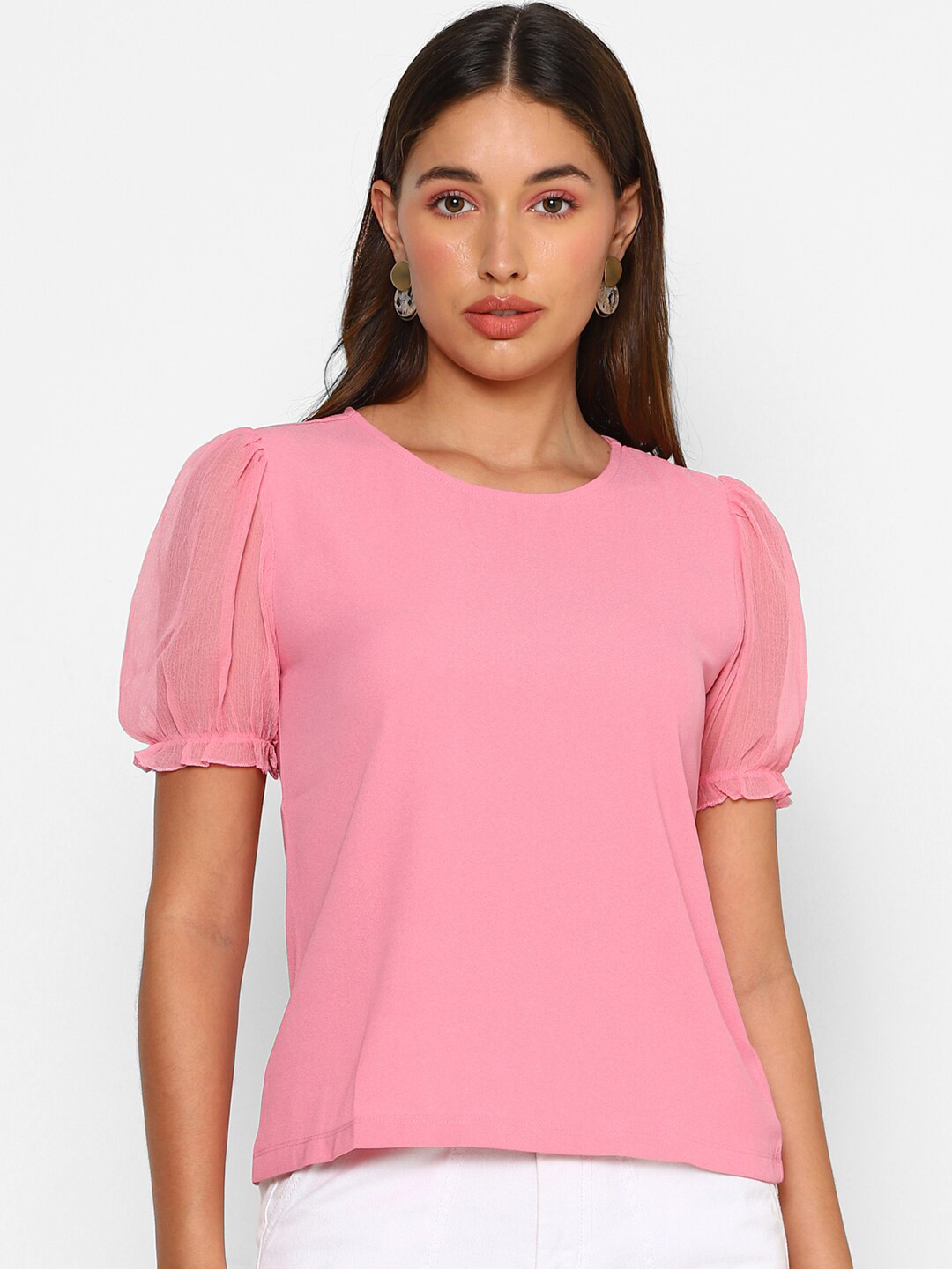 Buy FOREVER 21Women Pink Solid Puff Sleeve Regular Top - Tops for Women ...