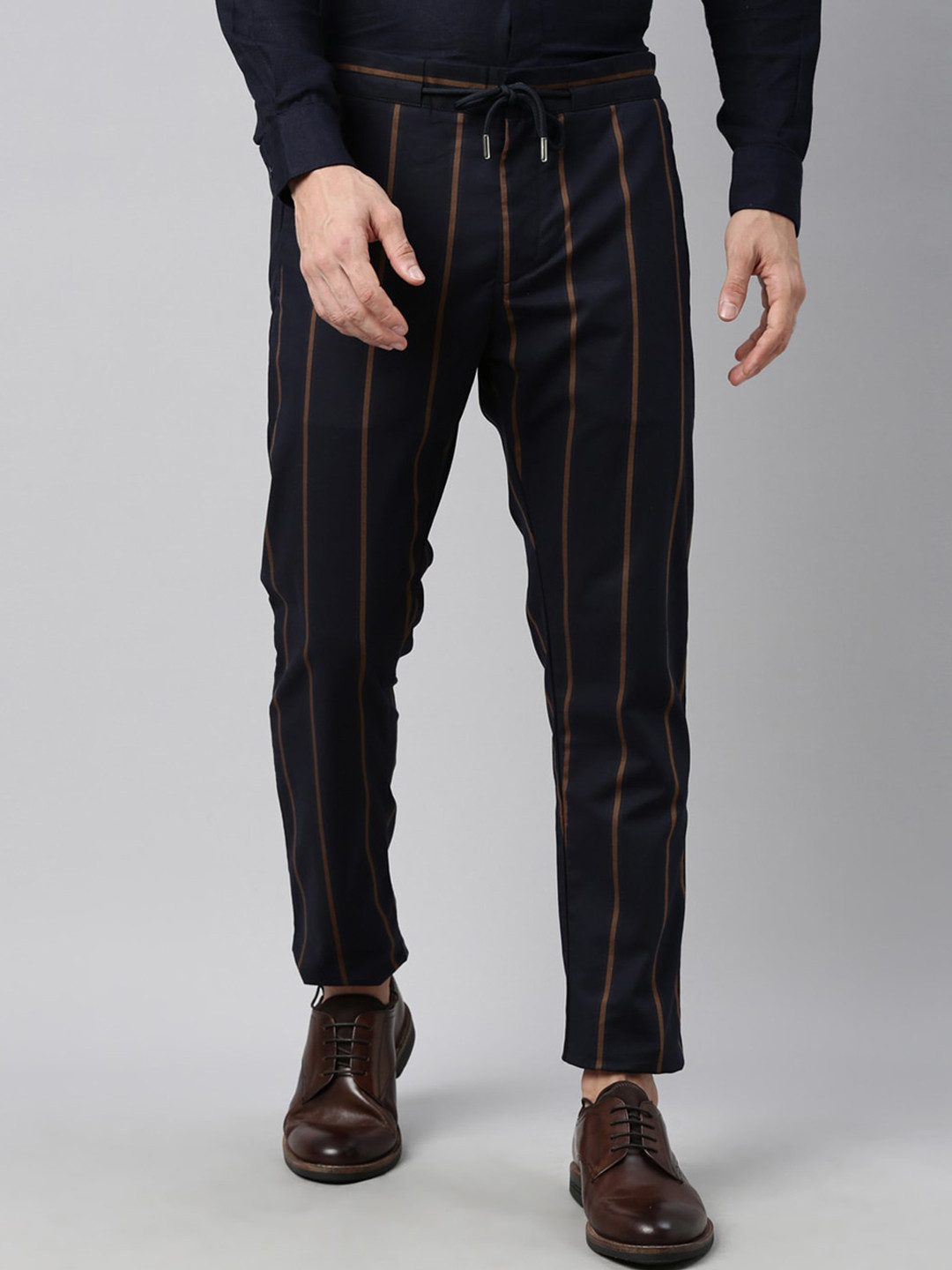 Buy RARE RABBIT Men Navy Blue Striped Slim Fit Trousers - Trousers for ...