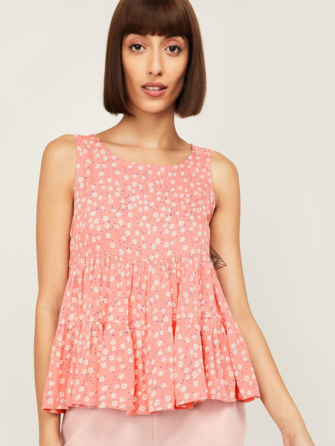Buy Ginger By Lifestyle Women Coral Printed Tiered Top - Tops for Women ...