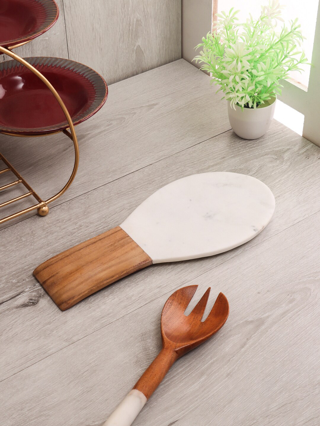 Buy NikkisPride White & Brown Marble Wooden Serving Spoon Rest - Spoon ...