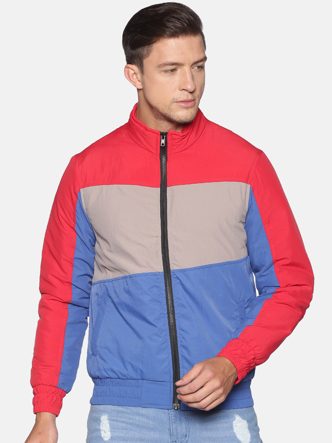 Buy Campus Sutra Men Red & Beige Colourblocked Varsity Jacket - Jackets ...