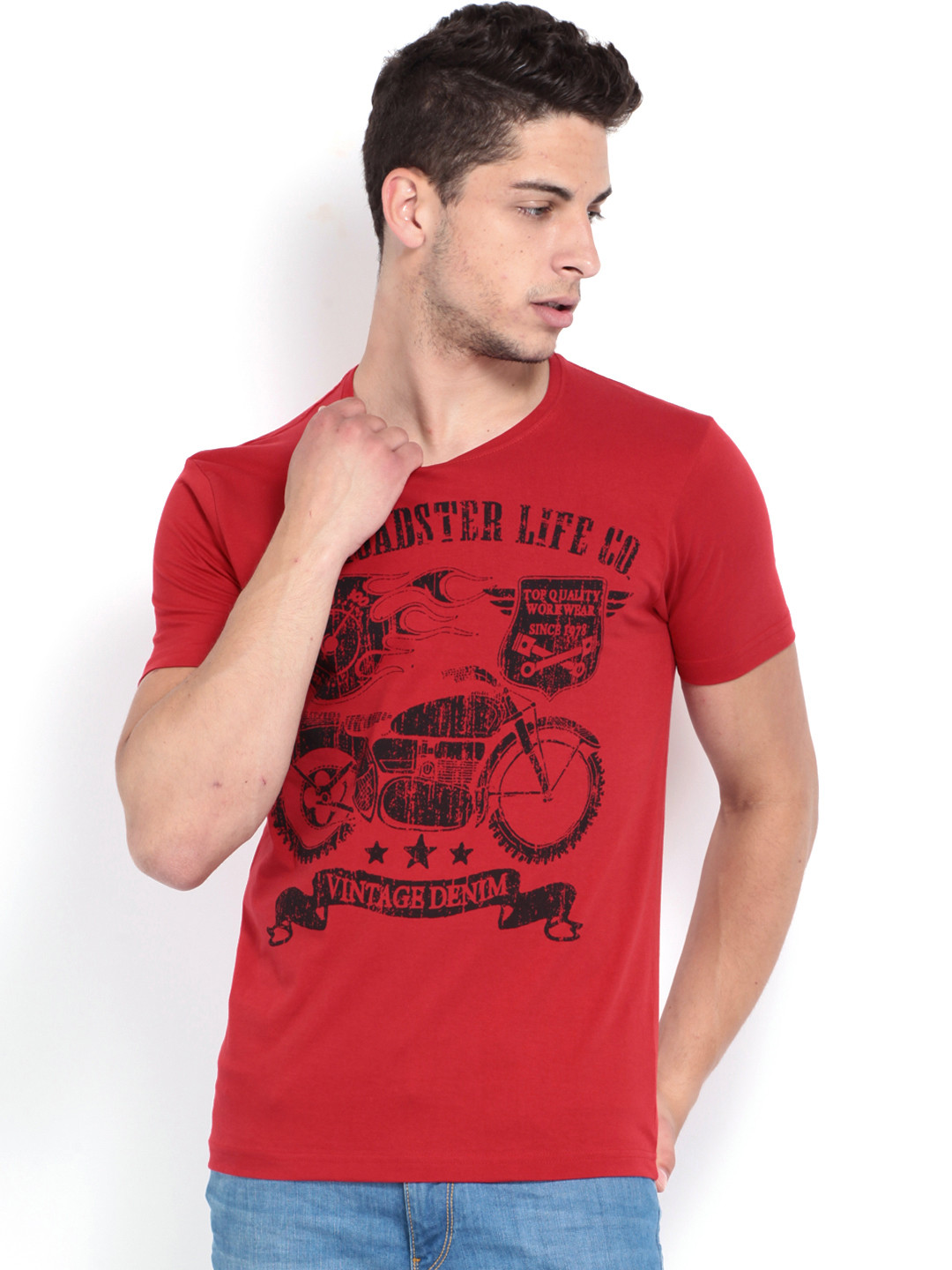 Buy Roadster Men Red Printed Pure Cotton T Shirt - Tshirts for Men ...