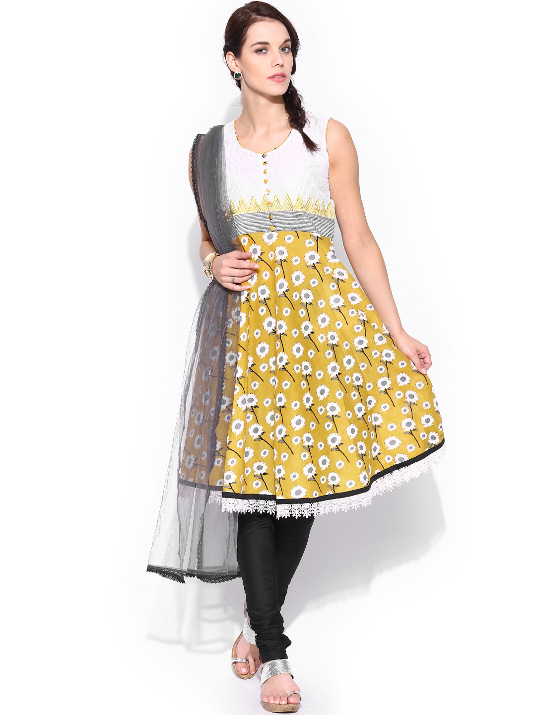 Buy Anouk Women Mustard Yellow And Black Printed Anarkali Churidar Kurta