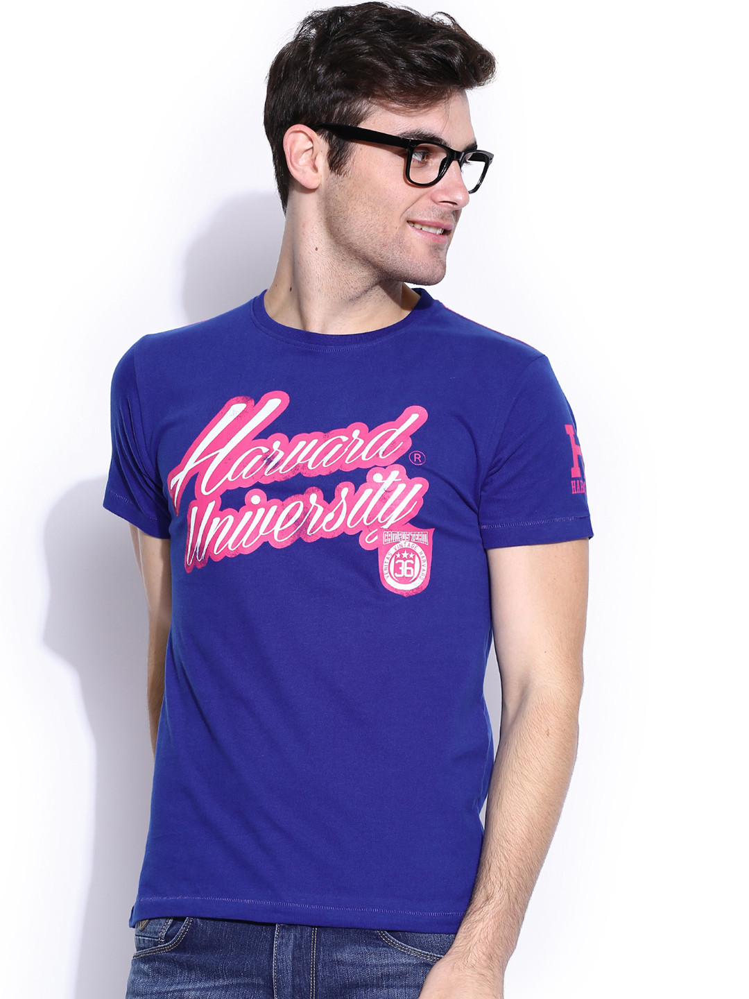 Buy HARVARD Men Blue Academic Excellence Printed Pure Cotton T Shirt ...