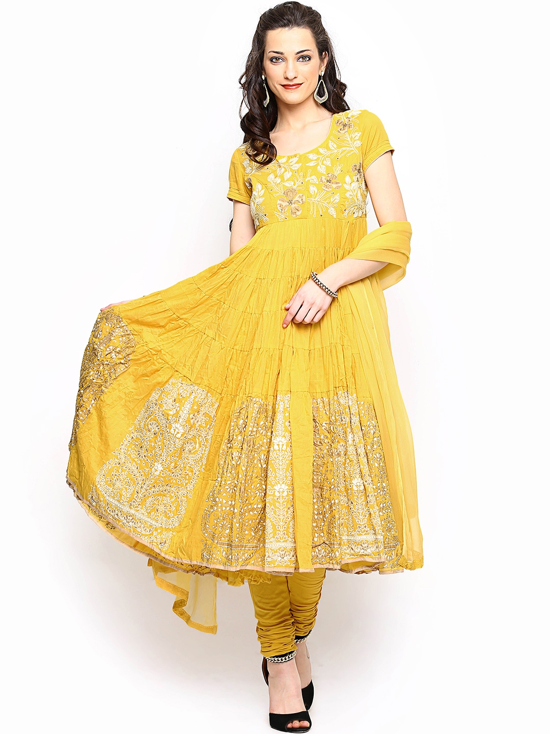 Buy Biba Women Mustard Yellow Printed Anarkali Churidar Kurta With