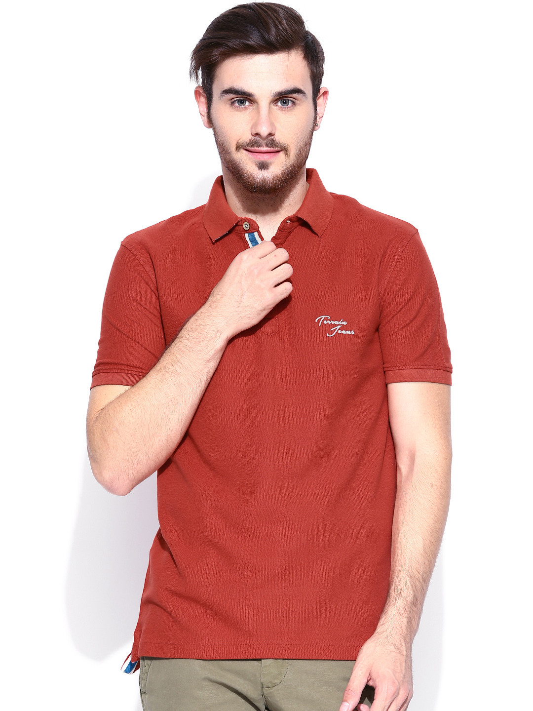 Buy Indian Terrain Men Rust Red Polo Pure Cotton T Shirt - Tshirts for ...