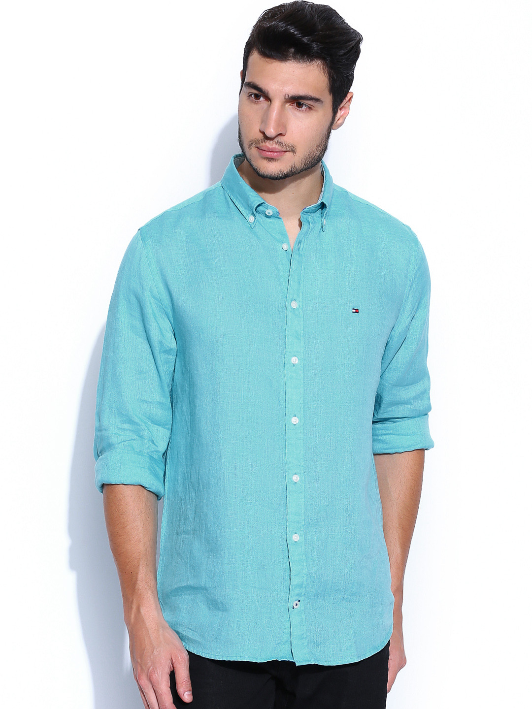 Buy Tommy Hilfiger Men Turquoise Blue New York Fit Linen Casual Shirt ...