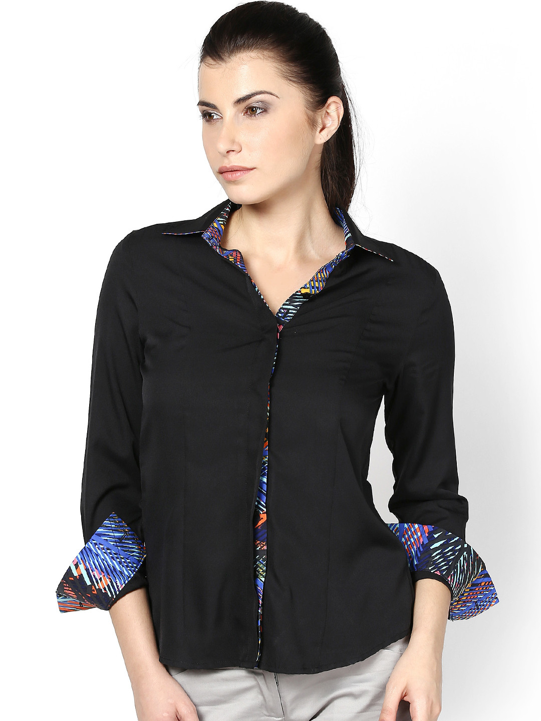 Buy Kaaryah Women Black Slim Fit Smart Casual Shirt - Shirts for Women ...