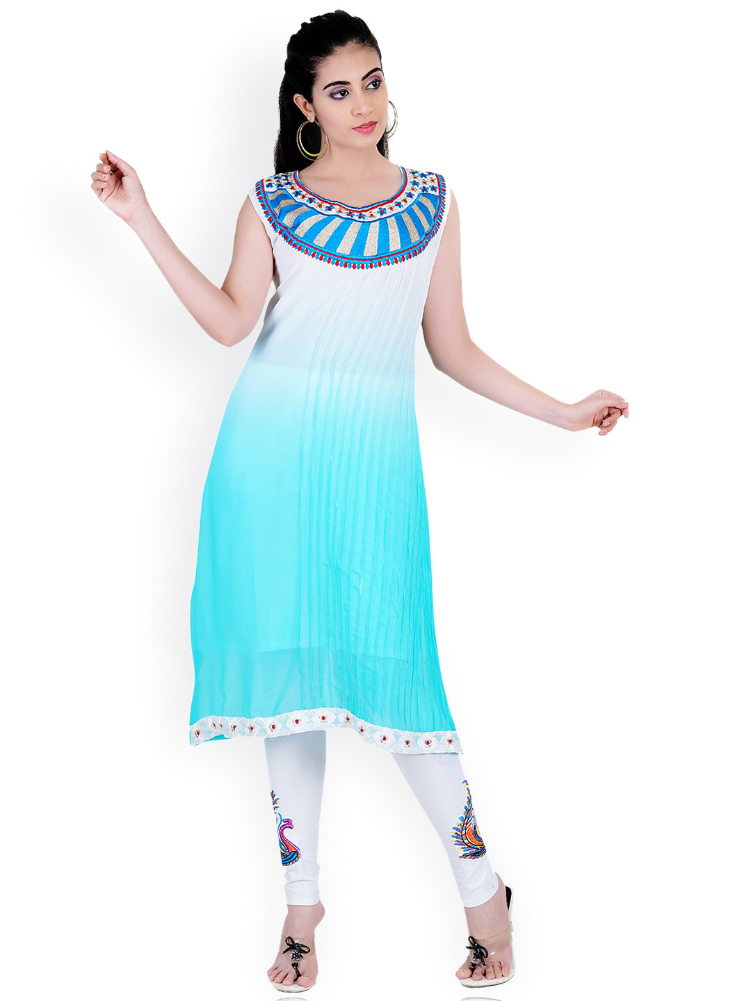 Buy Jazzup Women Turquoise Blue Embroidered Kurta - Kurtas for Women 724193 | Myntra