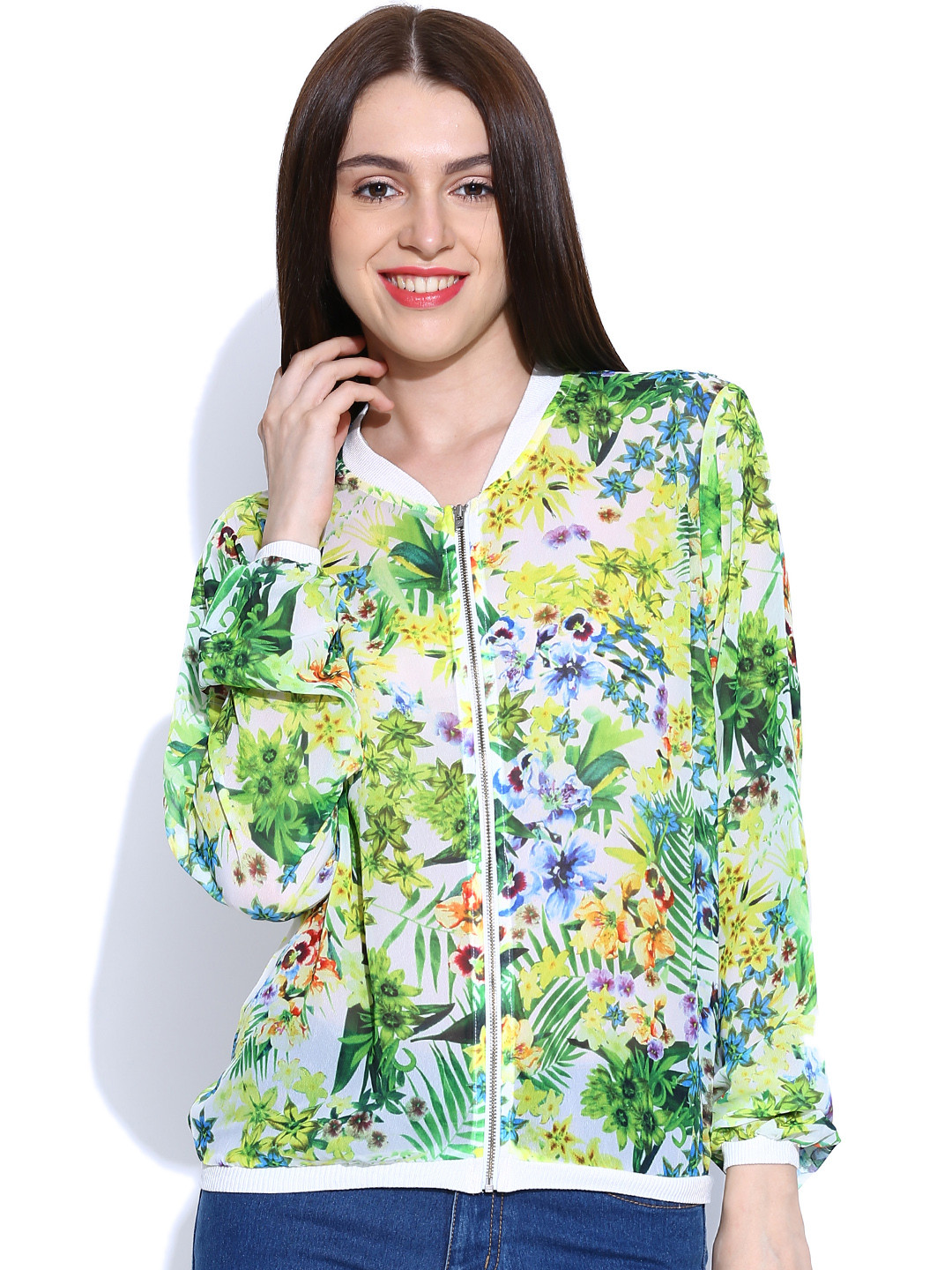 Buy United Colors Of Benetton Women Green & Yellow Printed Sheer Jacket ...