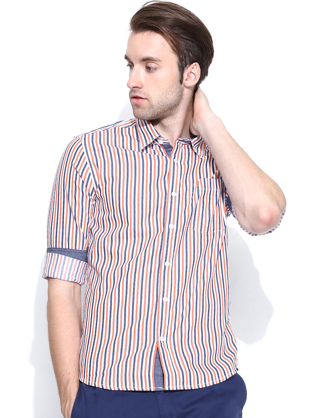 Buy Numero Uno Men Orange & Blue Striped Slim Fit Casual Shirt - Shirts ...