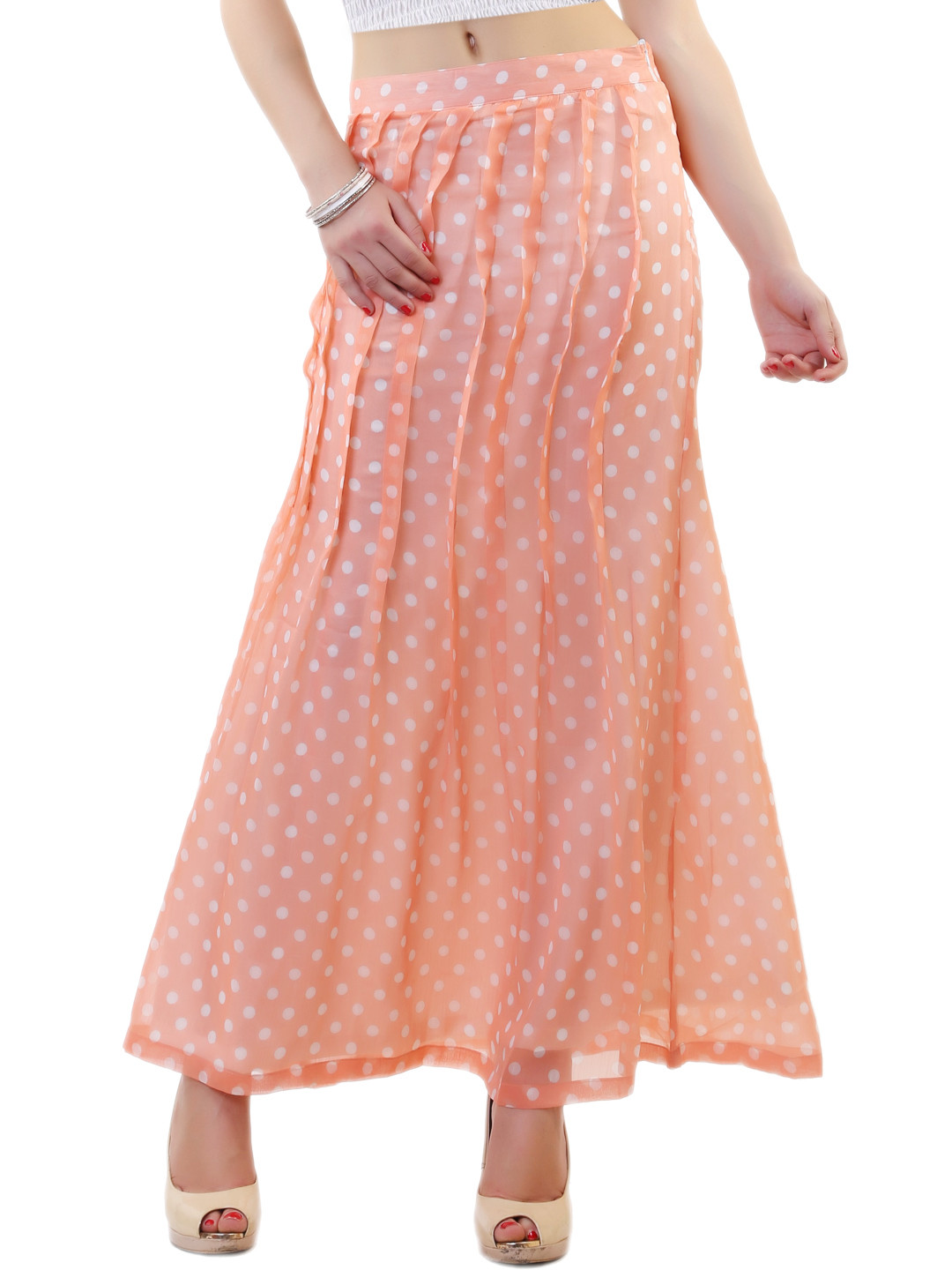 Buy Belle Fille Peach Coloured Polka Dot Print Maxi Skirt - Skirts for ...