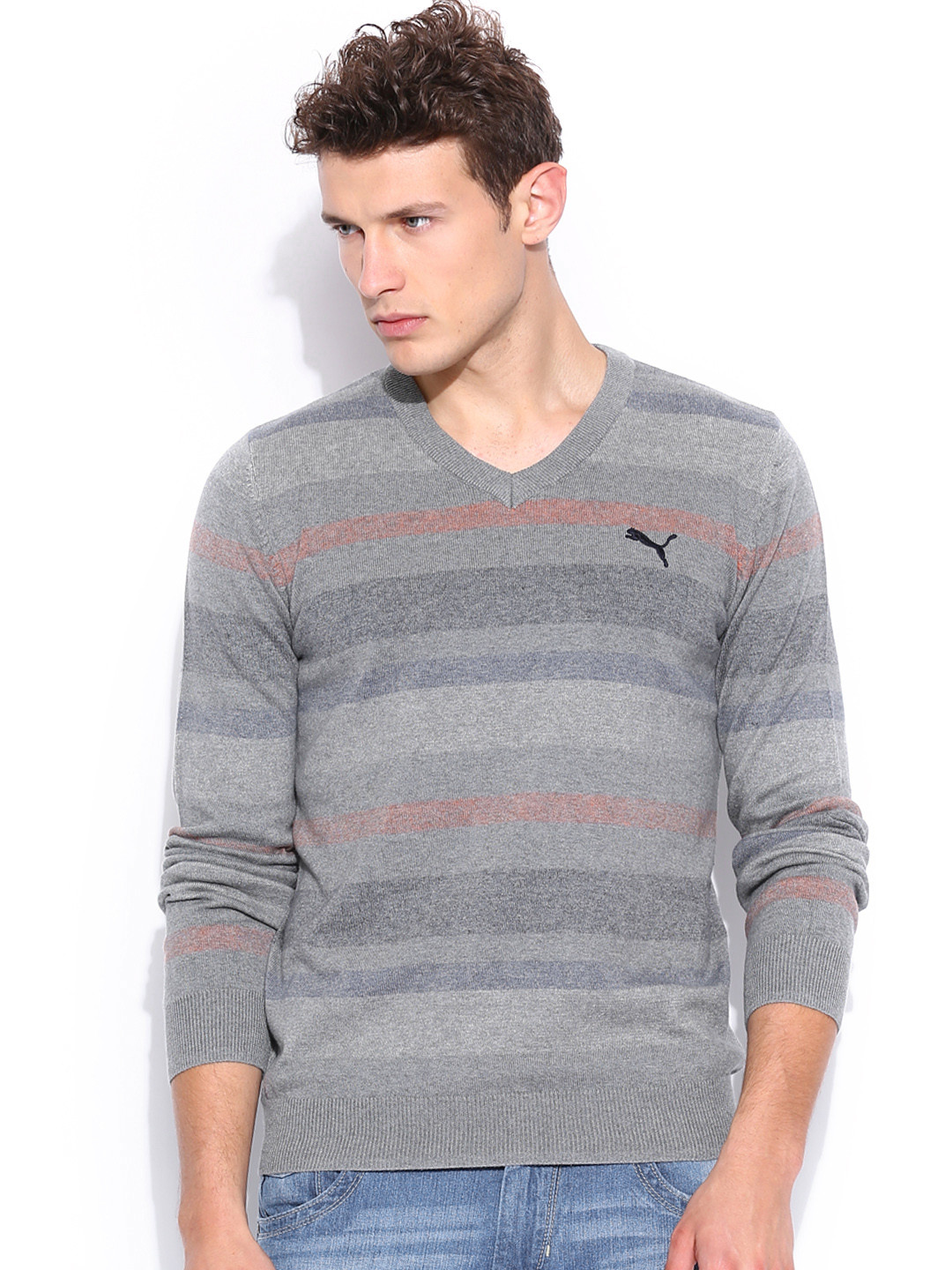 Buy PUMA Grey Melange Striped Sweater - Sweaters for Men 901700 | Myntra