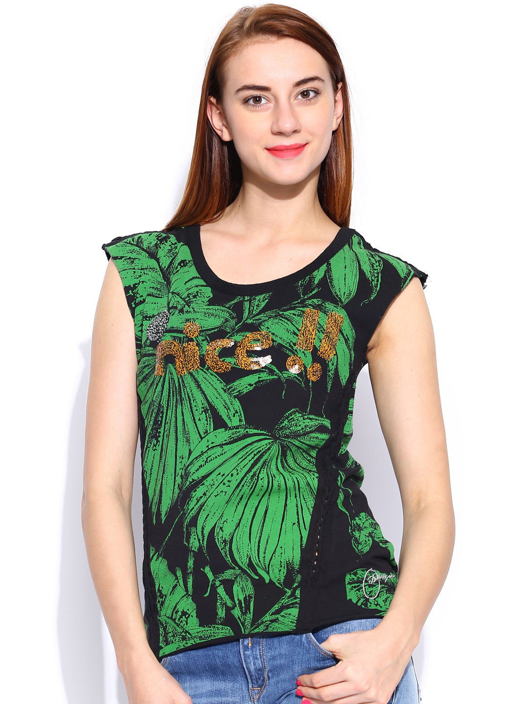 Buy Desigual Green & Black Printed Top - Tops for Women 911334 | Myntra