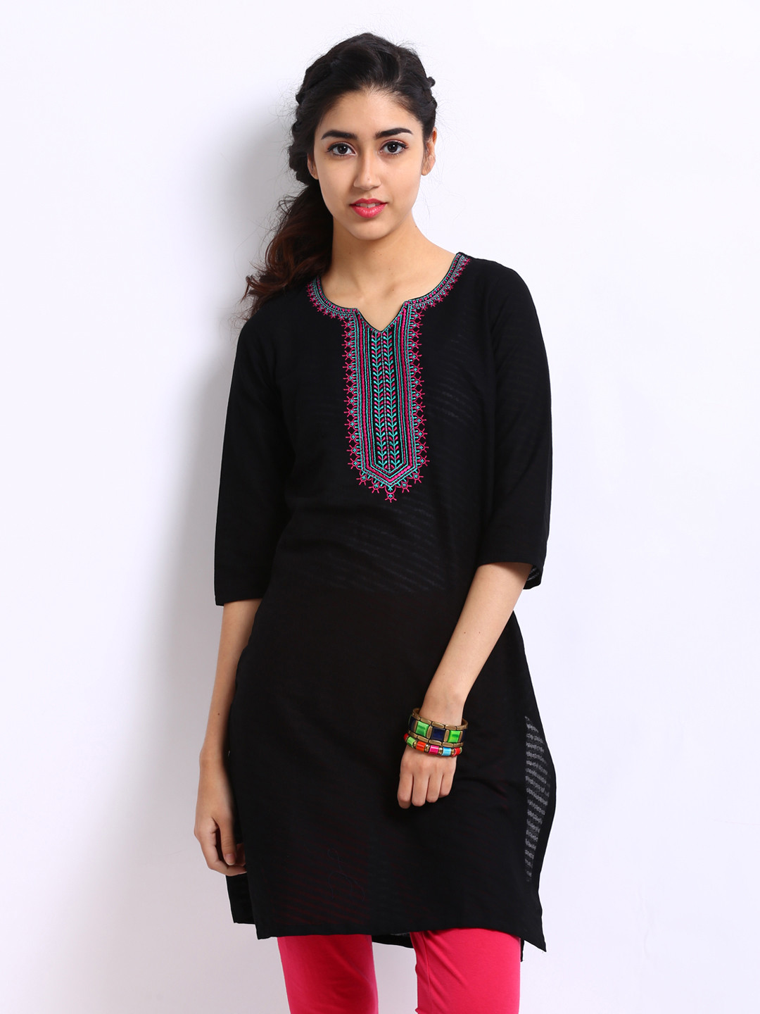 Buy Anouk Women Black Embroidered Jacquard Kurta - Kurtas for Women ...