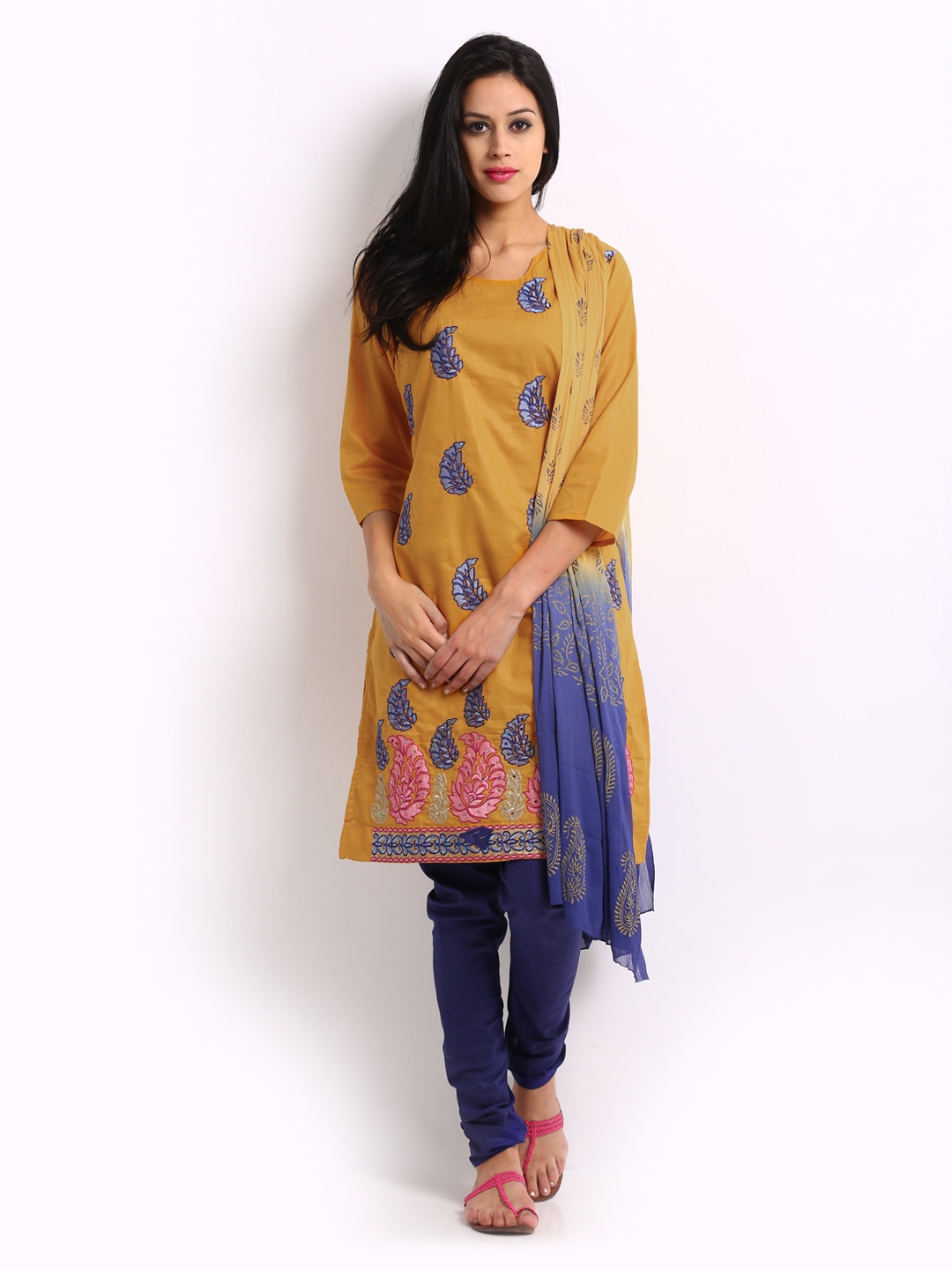 Buy Anouk Women Mustard Yellow Embroidered Churidar Kurta With Dupatta