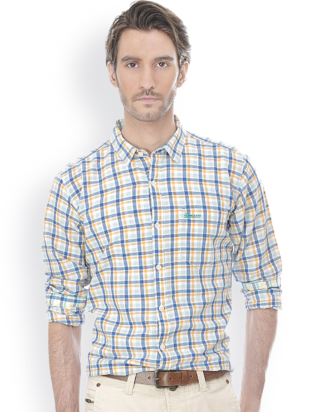 Buy Basics Men Orange & White Slim Fit Checked Smart Casual Shirt ...