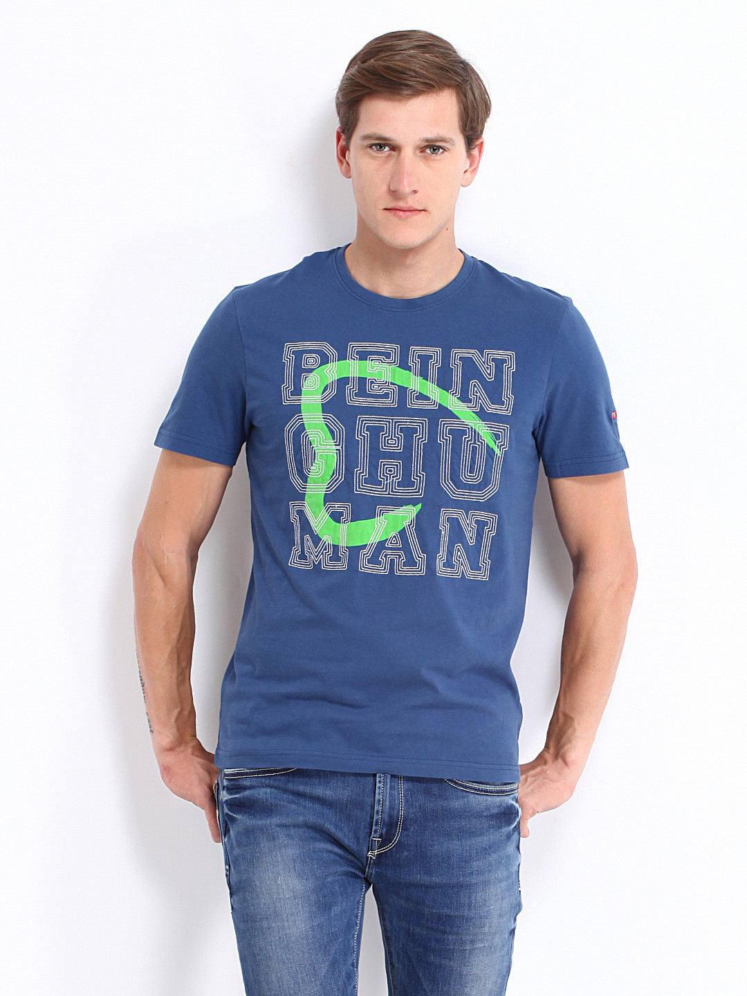 Buy Being Human Clothing Men Teal Blue Printed Pure Cotton T Shirt ...