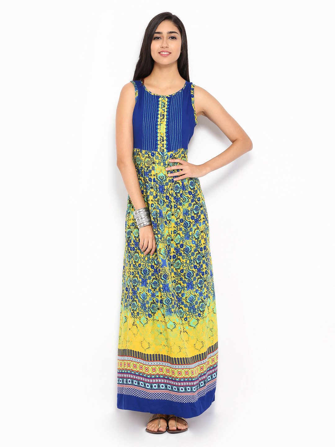 Buy Global Desi Yellow & Blue Printed Maxi Dress - Dresses for Women ...