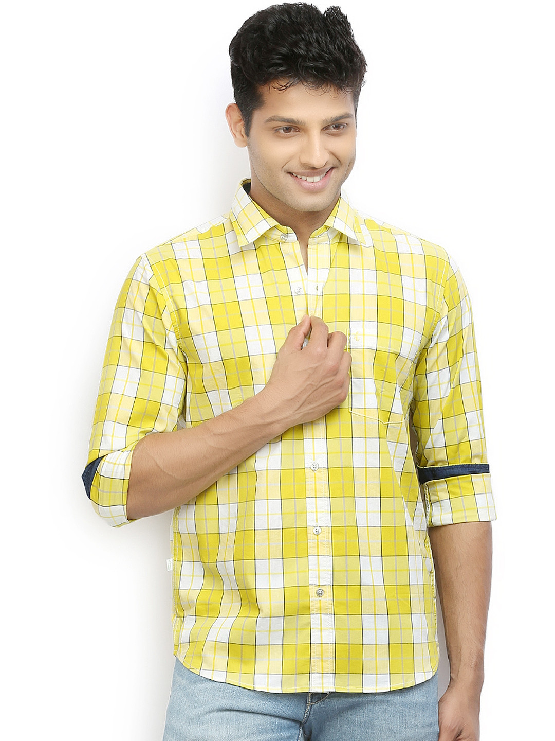 Buy IVOC Men Lemon Yellow & White Slim Fit Checked Smart Casual Shirt ...