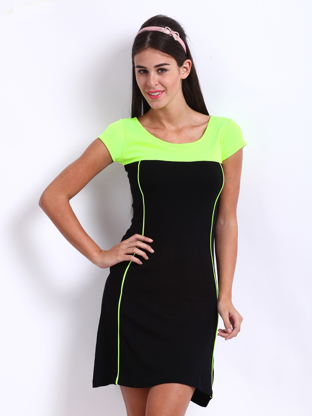 Buy Jealous 21 Black & Fluorescent Green Jersey Dress - Dresses for ...