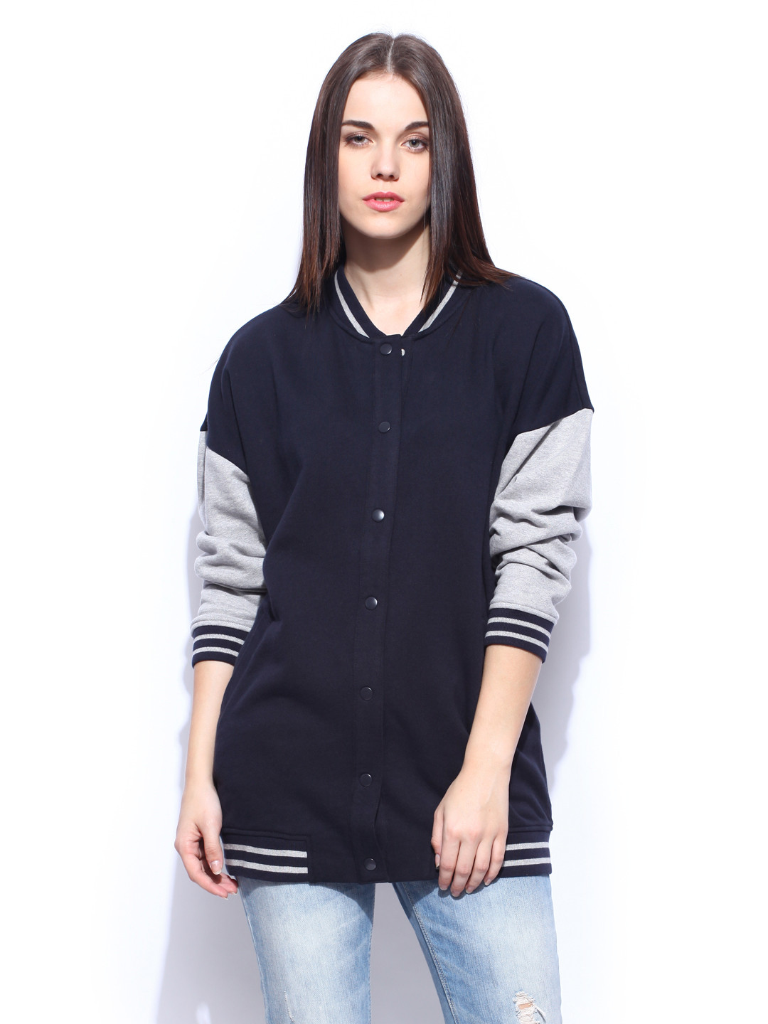 Buy MANGO Women Navy & Grey Bombir Jacket - Jackets for Women 541781 ...