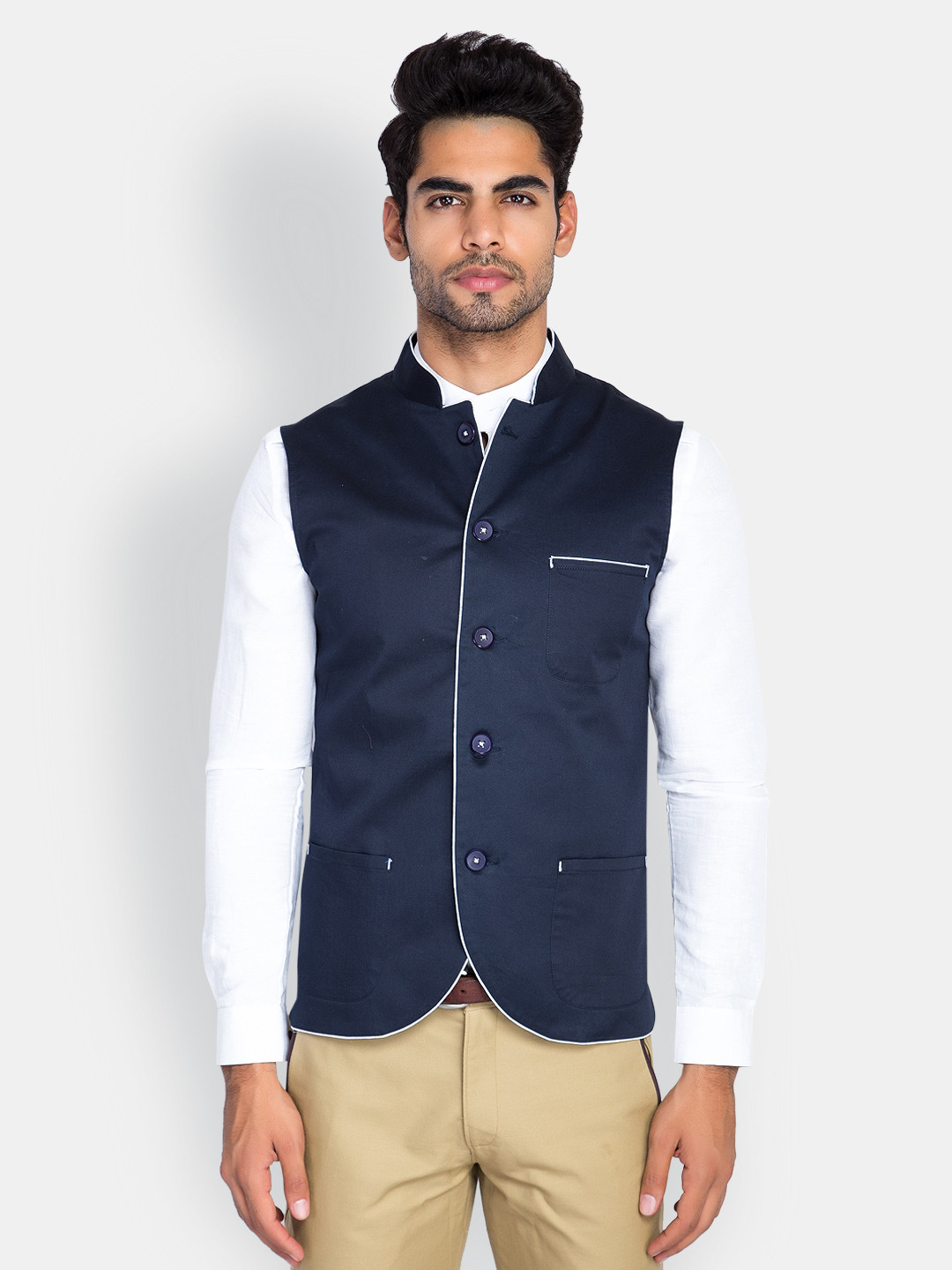 Buy MR BUTTON Men Navy Blue Sleeveless Slim Fit Nehru Jacket - Jackets ...
