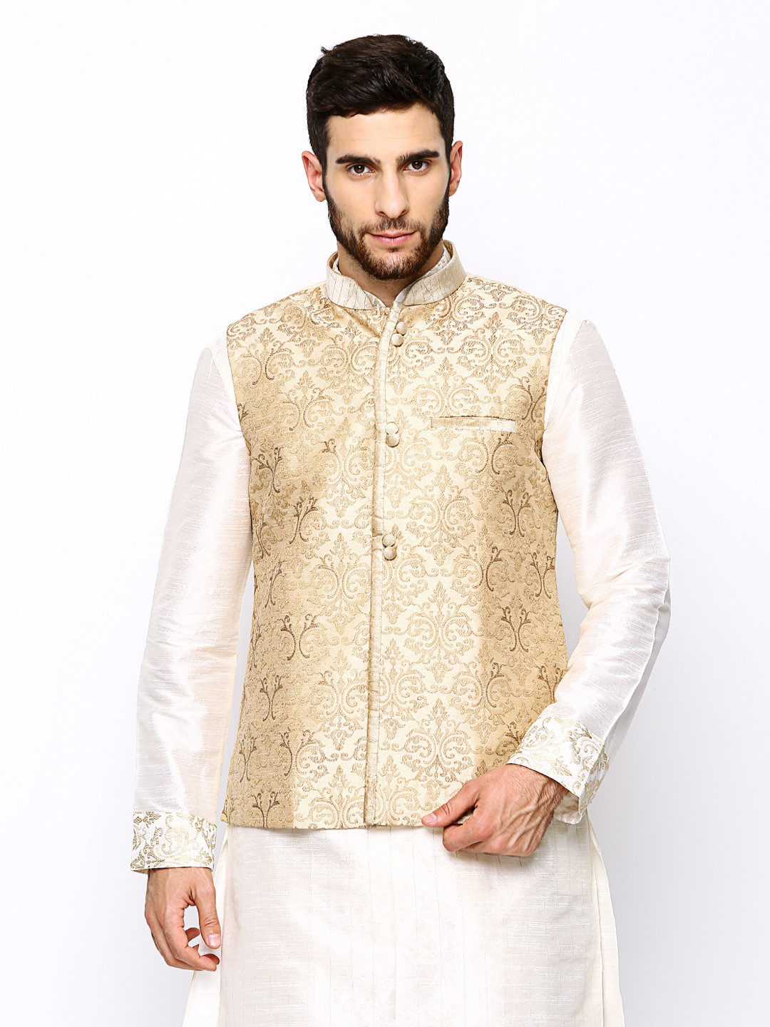 Buy Manyavar Beige Embroidered Nehru Jacket - Nehru Jackets for Men ...