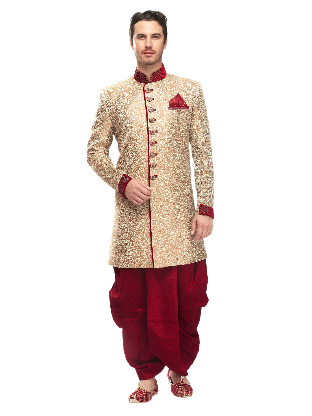 Buy Manyavar Men Beige & Maroon Sherwani - Sherwani for Men 536710 | Myntra