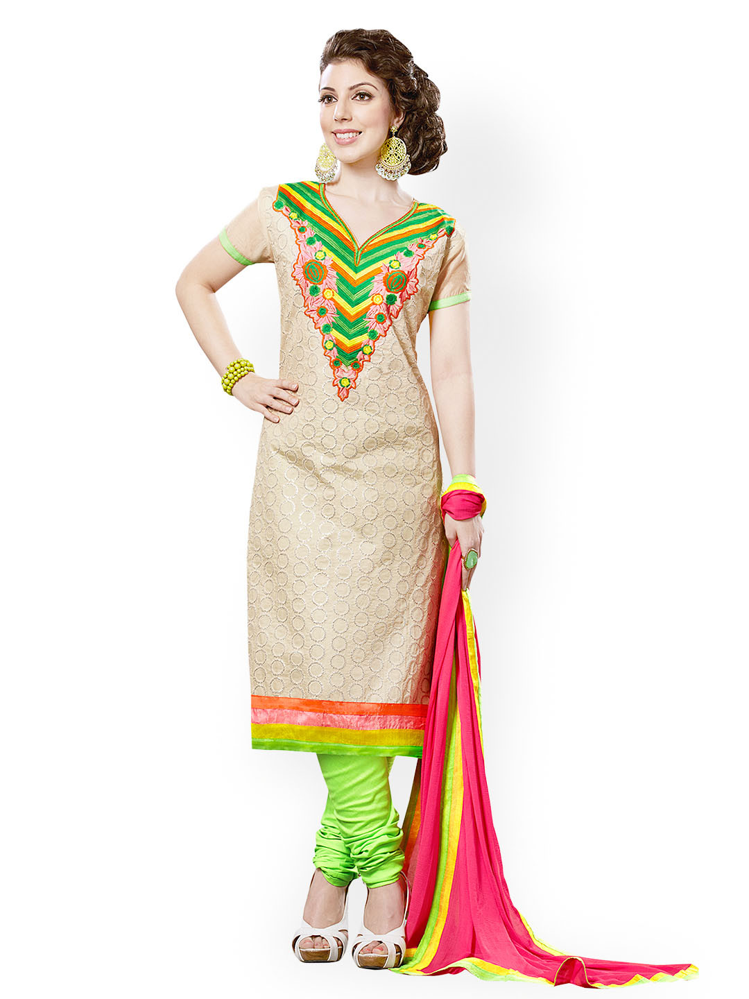 Buy Mina Bazaar Beige & Green Cotton Unstitched Dress Material - Dress ...