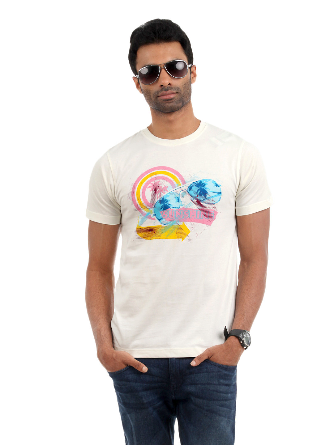 Buy Myntra Men White Printed Pure Cotton T Shirt - Tshirts for Men ...