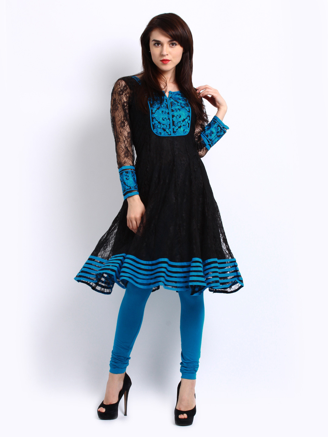 Buy Neels Women Black & Blue Embroidered Lace Anarkali Kurta - Kurtas ...